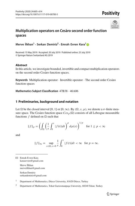 Pdf Multiplication Operators On Cesàro Second Order Function Spaces