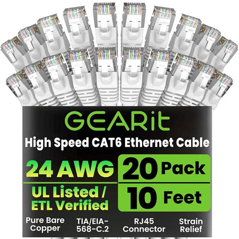 Gearit Cat 6 Ethernet Cable 20 Pack 10 Feet Cat6 Network Patch