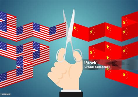 가 위 비즈니스 손 미국과 중국의 국기 종이 체인을 잘라 무역 전쟁과 세금 위기 개념 디자인 그림 복사 공간을 가진 파란 그라데이션 배경에 고립 벡터 Eps 10 경제에