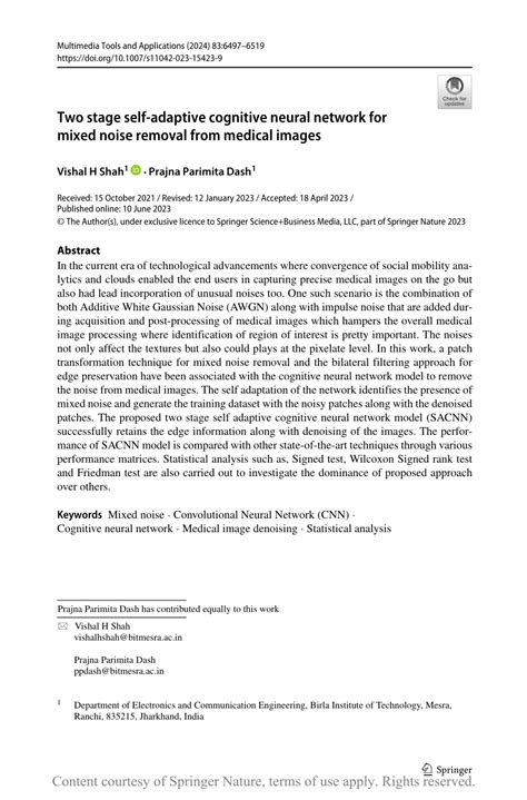 Two Stage Self Adaptive Cognitive Neural Network For Mixed Noise Removal From Medical Images