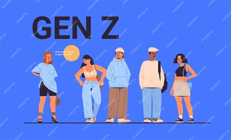 캐주얼 유행 의류 세대 Z 라이프 스타일 개념의 젊은 사람들은 진보적 인 청소년 세대 가로 복사 공간 벡터 일러스트와 함께