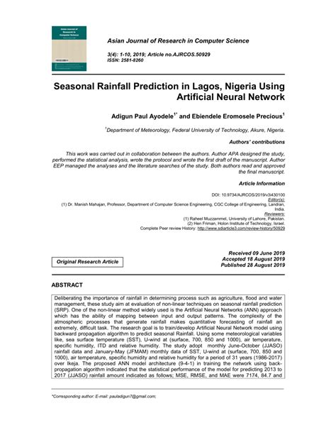 pdf seasonal rainfall prediction in lagos nigeria using artificial