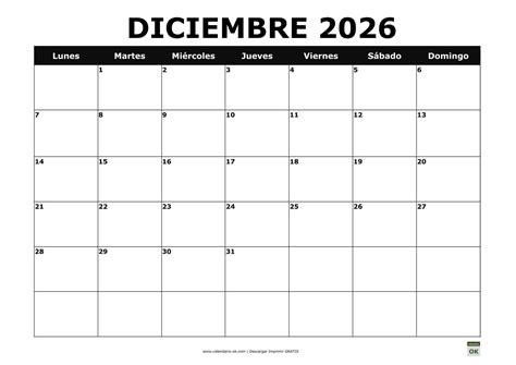 Plantilla Calendario 【diciembre 2026】 Para Imprimir