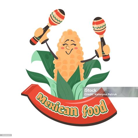만화 만화 캐릭터 옥수수와 마라카스 프레임에 멕시코 음식 텍스트입니다 요리 메뉴 포스터 전단지 배너 배달 요리 개념에 대한 낙서
