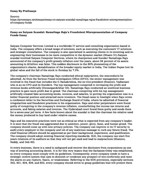 📗 Essay On Satyam Scandal Ramalinga Rajus Fraudulent Misrepresentation Of Company Funds Free