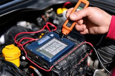 Car Diagnostic Tool Being Used To Assess Engine Performance Under The Hood In A Garage Stock