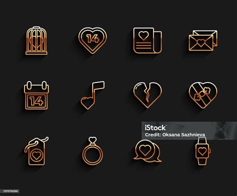 세트 라인 하트 태그 웨딩 링 새새 스피치 버블 중앙 손목 시계 음악 노트 하트톤 캔디 모양의 상자 와 깨진 또는 이혼 아이콘 벡터 검은색에 대한 스톡 벡터 아트 및 기타