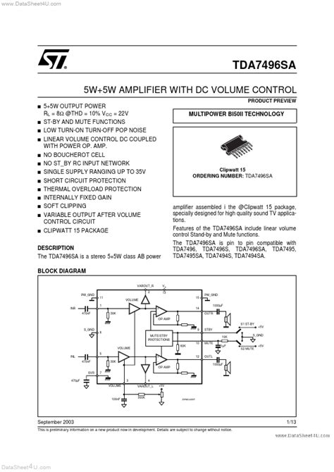 Tda7496sa Datasheet Pdf 5w5w Amplifier Stmicroelectronics