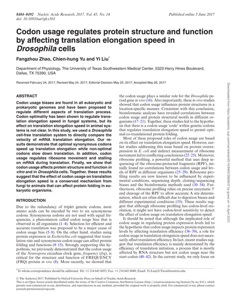 Pdf Codon Usage Regulates Protein Structure And Function By Affecting Translation Elongation