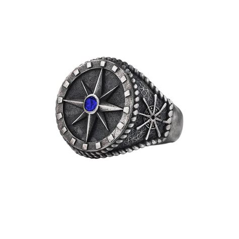Mens 925 Sterling Silver Compass Ring Atolyestone