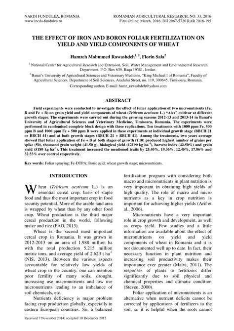 Pdf The Effect Of Iron And Boron Foliar Fertilization On Yield And