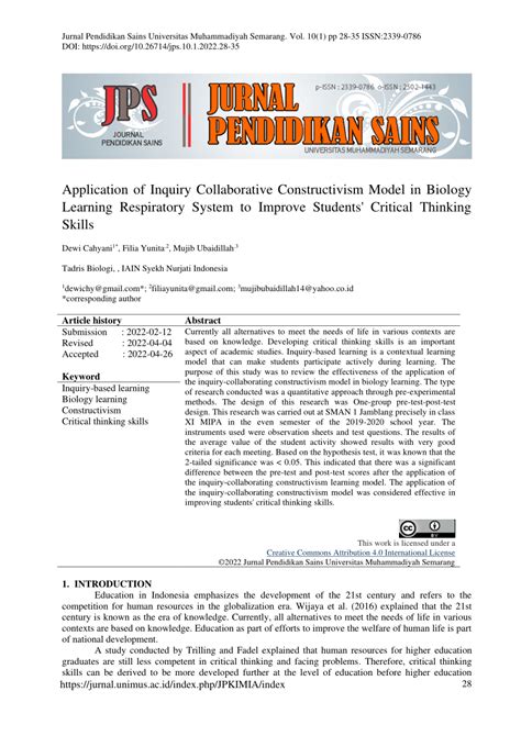 Pdf Application Of Inquiry Collaborative Constructivism Model In Biology Learning Respiratory