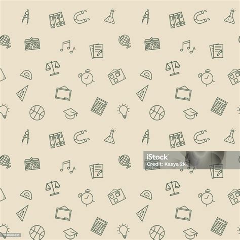 학교와 관련된 다른 도면이있는 원활한 벡터 패턴 베이지 색 배경에 학교 용품 및 사무실 고정 직물 종이 랩 섬유 포스터 벽지 또는 배경용 0명에 대한 스톡 벡터 아트 및