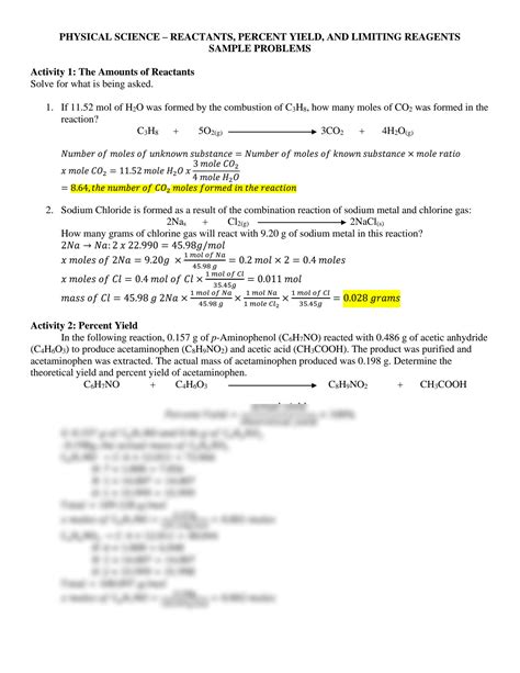 SOLUTION Physical Science Reactants Percent Yield And Limiting Reagents Sample Problems Studypool