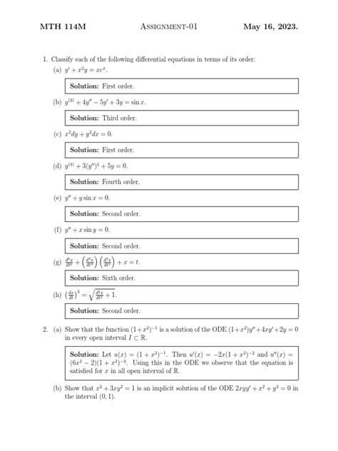 1 Soln Pdf Ordinary Differential Equation Equations