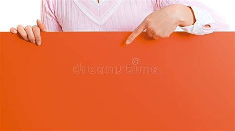 Girl Pointing At Text On Orange Poster Empty Text Space Stock Photo Image Of Space Excited