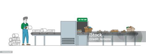오래된 판지 쓰레기가있는 공장 컨베이어 벨트의 작업자 캐릭터는 깨끗한 시트로 바뀝니다 쓰레기 제조 개념 종이 폐기물 재활용 기술 프로세스 선형 사람 벡터 일러스트레이션