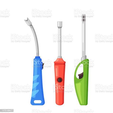 가스 오븐용 라이터 가스 화염을 점화하는 데 사용되는 휴대용 장치는 스파크를 방출하는 방아쇠가 있는 긴 줄기로 구성됩니다 라이터에 대한 스톡 벡터 아트 및 기타 이미지