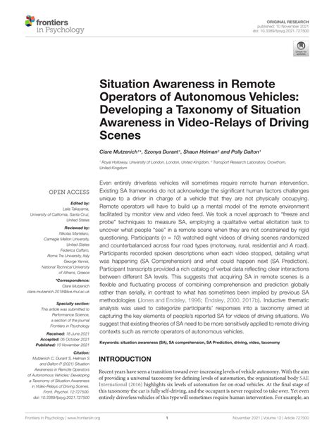 Pdf Situation Awareness In Remote Operators Of Autonomous Vehicles Developing A Taxonomy Of