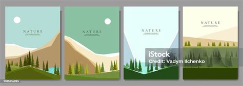 벡터 그림입니다 플랫 스타일의 숲 풍경 세트 자연 생태 월페이퍼 기하학적 미니멀리스트 다각형 개념 맑은 하늘 포스터 엽서 책 또는 잡지 표지 디자인 야외에 대한 스톡 벡터