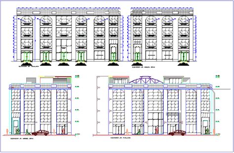 Elevation With Different Axis View For Commercial Building Dwg File