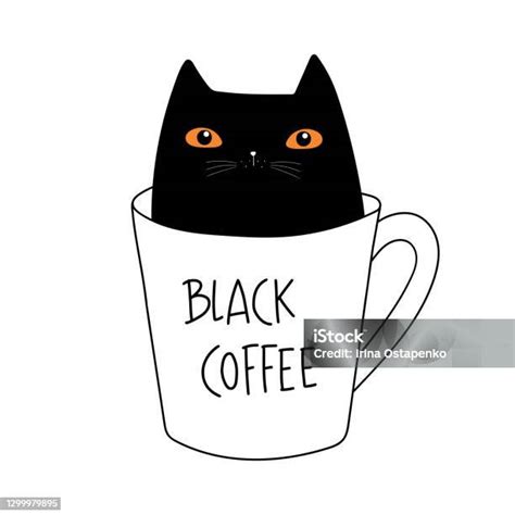 블랙 커피 검은 고양이 커피 컵에 사랑스러운 새끼 고양이 낙서 만화 스타일 벡터 그림입니다 포스터 티셔츠 엽서에 적합합니다 아침