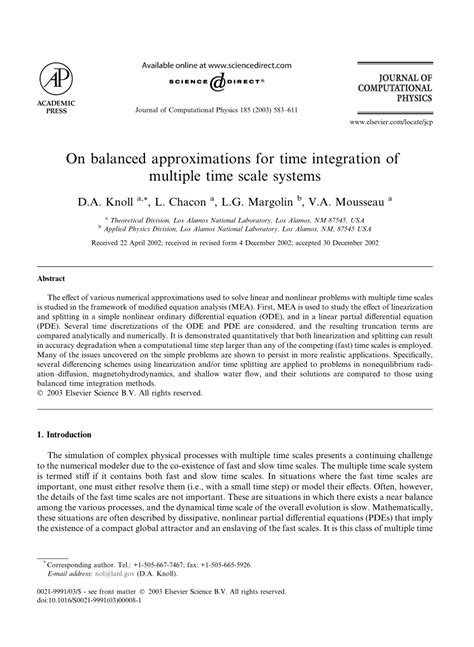 Pdf On Balanced Approximations For Time Integration Of Multiple Time