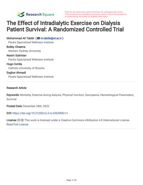Pdf The Effect Of Intradialytic Exercise On Dialysis Patient Survival A Randomized Controlled
