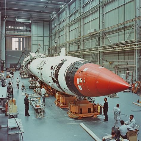 A Rocket Undergoing Assembly With Engineers Working On The Propulsion