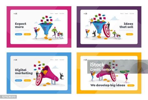 영업 유입경로 마케팅 방문 페이지 템플릿 세트입니다 거대한 메가폰과 화살표로 대상 문자 전환율 일러스트레이션에 대한 스톡 벡터