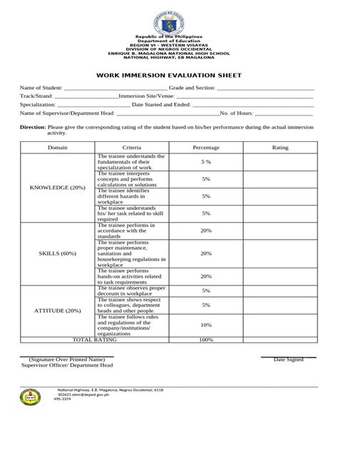 Work Immersion Evaluation Sheet Pdf