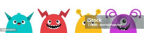 즐거운 할로윈 보내세요 몬스터 세트 라인 재밌는 얼굴 머리 귀여운 만화 카와이 무서운 캐릭터 형형색색의 몬스터들 다른 감정 베이비 컬렉션 티셔츠 디자인 흰색 배경입니다 플랫