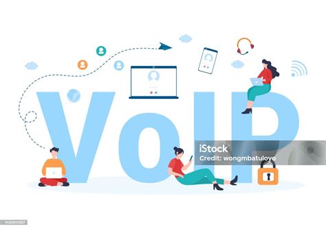 Voip 또는 전화 통신 체계 기술과 네트워크 전화 통화 소프트웨어를 가진 인터넷 프로토콜을 통해 음성 템플릿 손으로 그린 만화 플랫 일러스트 레이 션 Voip에 대한 스톡