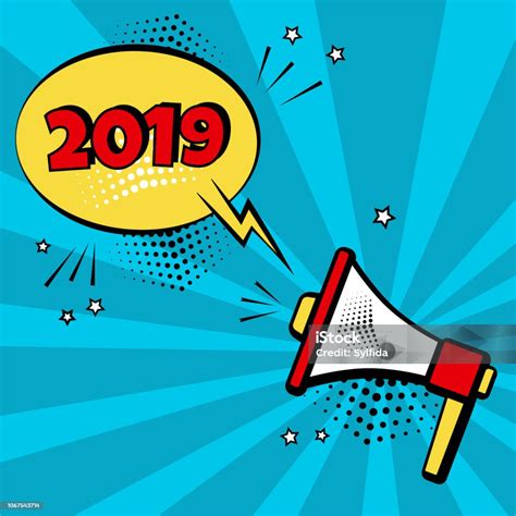 확성기와 음성 팝 아트 스타일에 파란색 배경에 비문 2019와 거품 벡터 일러스트 레이 션 팝 아트에 대한 스톡 벡터 아트 및 기타 이미지 Istock