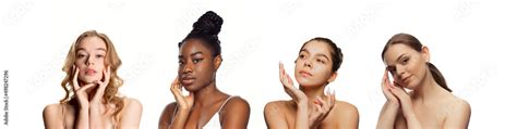Set Of Portraits Of Young Beautiful Women With Nude Makeup And Perfect