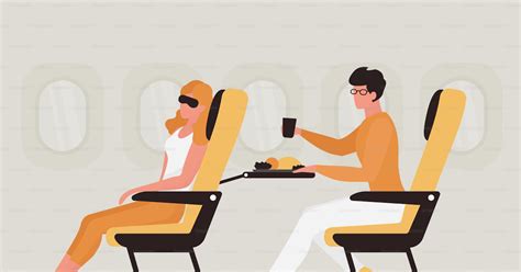 승객들은 비행기 내부 창가의 좌석에 앉습니다 만화 사람들은 비행기로 여행하고 여자는 얼굴에 수면 마스크를 쓰고 앉아 있고 남자는 식사를 하고 있다 항공 운송 개념