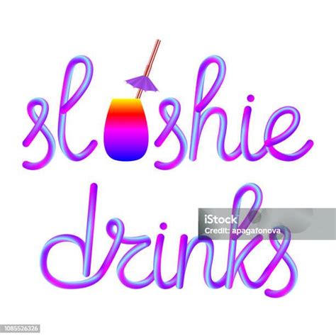 Slushie 붓글씨 화려한 손으로 그린 글자 유리 컵 일회용 플라스틱 마시는 밀 짚 및 흰색 배경 주식 벡터 일러스트 클립 아트에 고립 된 우산 문자에 대한 스톡 벡터