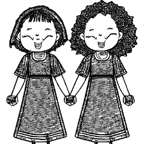 Young Twin Sisters Holding Hands Coloring Page · Creative Fabrica
