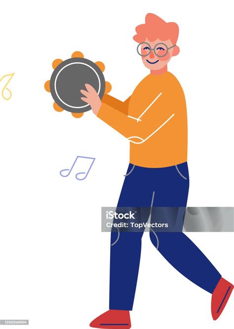 십대 소년 재생 탬버린 악기 흰색 배경에 젊은 재능있는 뮤지션 캐릭터 벡터 일러스트 Classical Concert에 대한 스톡 벡터 아트 및 기타 이미지