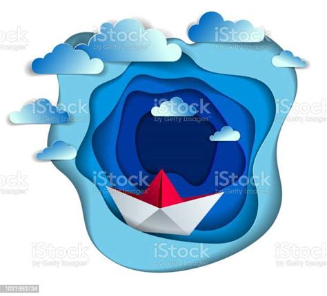 종이 접기 종이 배 장난감 수영 파도 바다와 하늘에 구름에 떠 있는 장난감 보트와 아름 다운 바다 경치의 아름 다운 벡터 일러스트 레이 션 물 여행 여름 휴가 항해 선박에