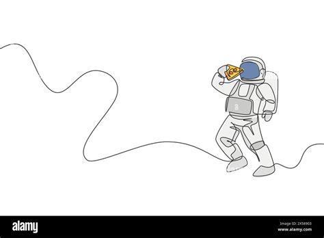 One Single Line Drawing Astronaut Flying In Cosmos Galaxy While Eating Delicious Spicy Italian