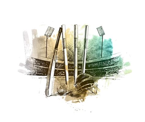 크리켓 경기장 자유형 스케치 그래픽 디자인 벡터 일러스트 레이 션에서 공 개찰구와 크리켓 선수권 대회 프리미엄 벡터