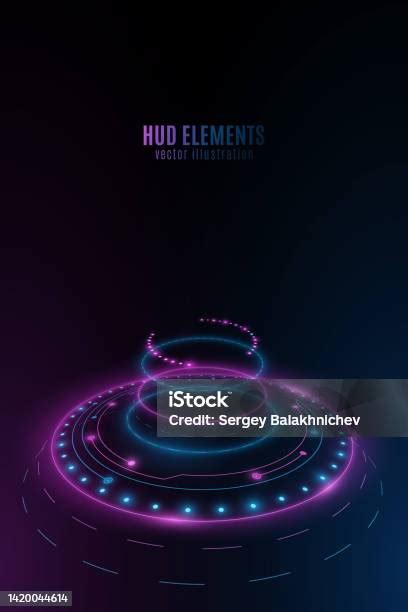 파란색과 보라색 조명 효과가있는 디지털 빛나는 Hud 요소 사용자 인터페이스 Ui 및 Gui 그래픽 디자인 미래 지향적 인 기술 배경 사이버 공간 대시보드 디스플레이 벡터