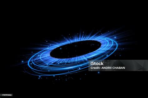 마법의 판타지 포털 둥근 가벼운 프레임 작은 먼지 입자 미래 지향적 인 순간 이동 파란색 보라색 네온 불빛이 투명한 배경에 반짝임으로 야경을 비춥니다 조명 효과 홀로그램에