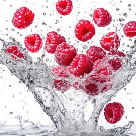 Premium Photo Flying Raspberries Water Splashed Isolated On White Background