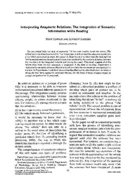 Pdf Interpreting Anaphoric Relations The Integration Of Semantic