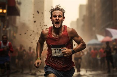 Premium Ai Image Runners Determination In A City Marathon Generative Ai