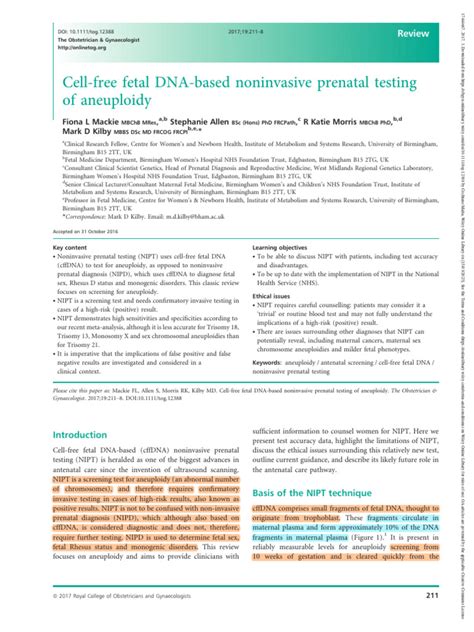 Tog Cell Free Fetal Dna Based Noninvasive Prenatal Testing Of Aneuploidy Pdf