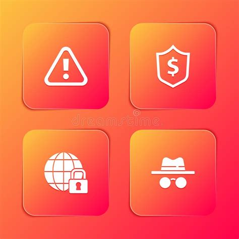 Set Exclamation Mark In Triangle Shield With Dollar Global Lockdown And Incognito Mode Icon