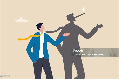 정직 또는 신뢰 거짓말 쟁이 가짜 또는 비즈니스 사기 성실 또는 진실 말하기 거짓 정보 속임수 또는 진실 개념 숨기기 피노키오 긴 코 그림자로 거짓말하는 부정직한 사업가
